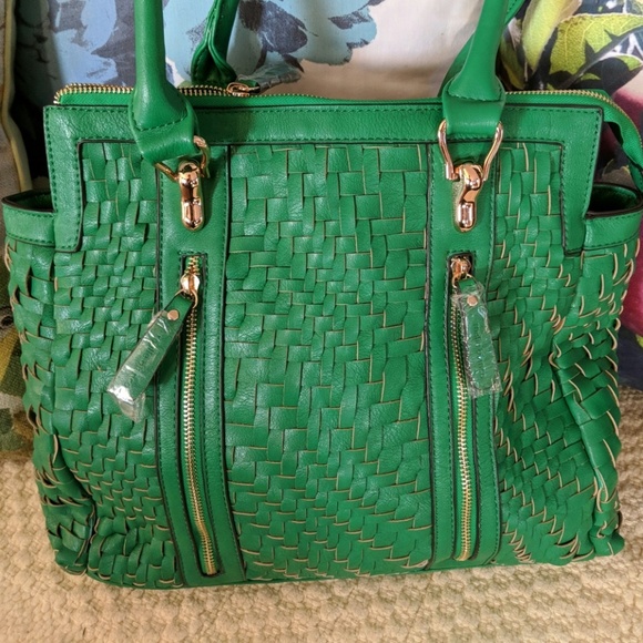 Bags | Weaved Faux Leather Bag Large Tote Green Handbag | Poshmark